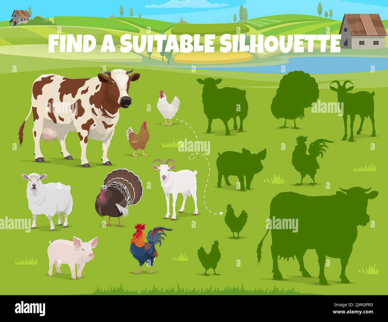 Find the suitable silhouette of farm animals. Kids game worksheet of ...