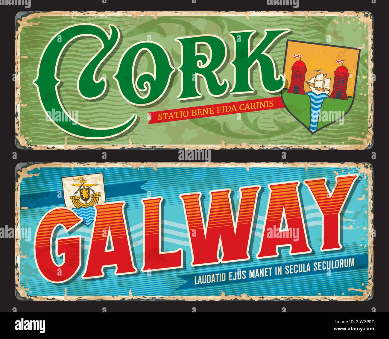 Cork, Galway city plates and travel stickers. Ireland regions vector ...