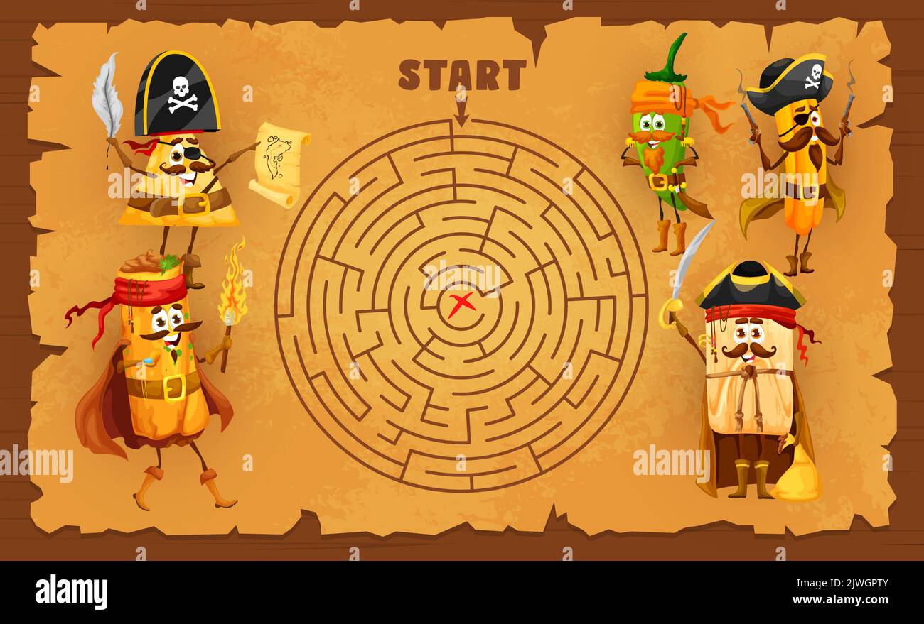 Round labyrinth maze, cartoon mexican food pirate and corsair ...
