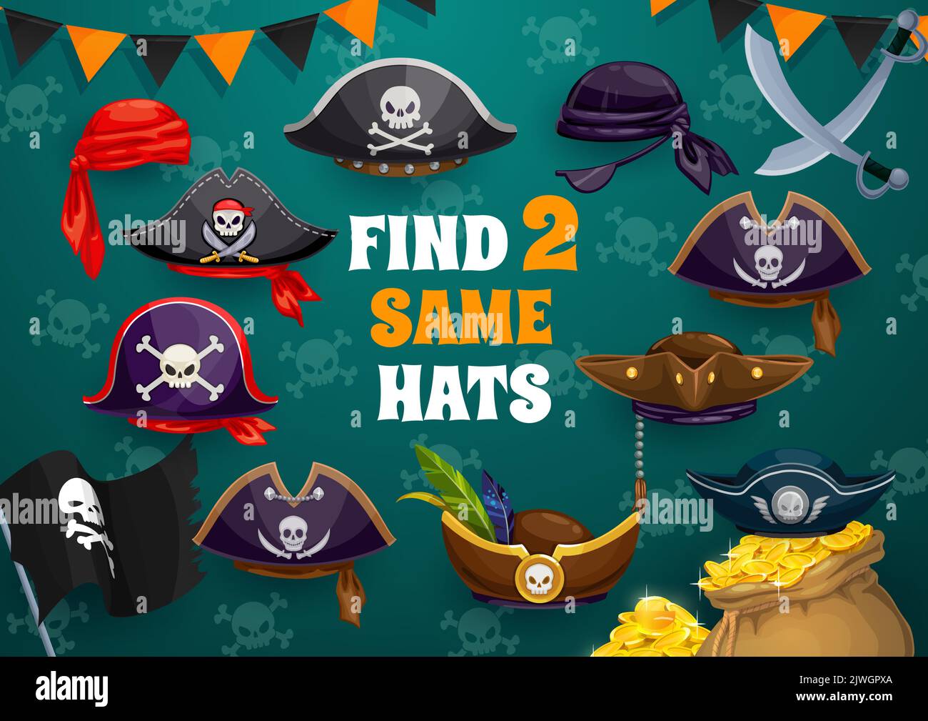 Find two same pirate tricorn, cocked hats and bandana. Kids vector game ...