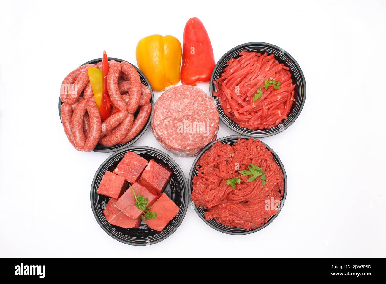 Top View of Assorted Raw Beef Products Sausages, Minced Meat, Burger ...