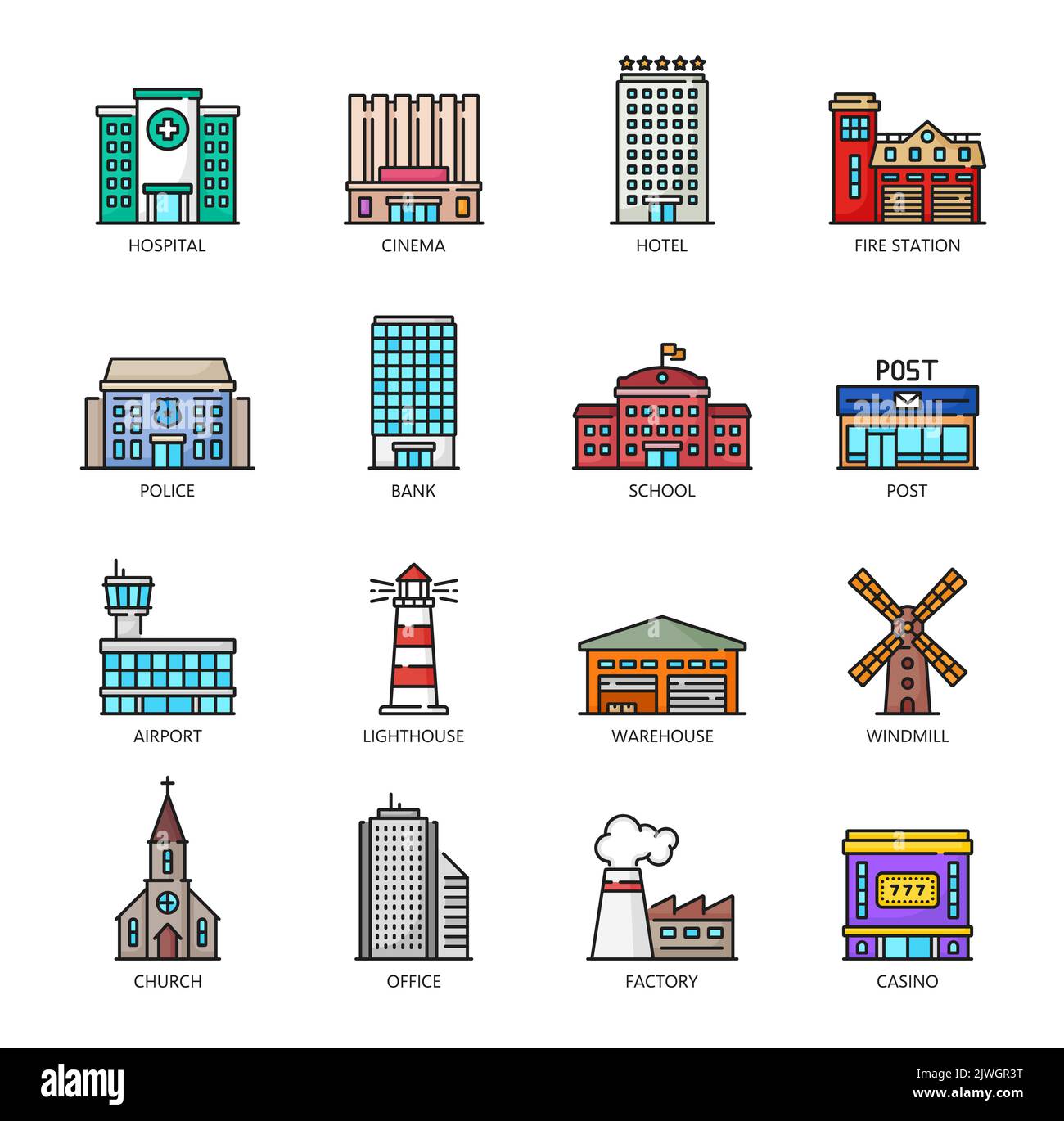City buildings outline icons. Town commercial real estate, city ...