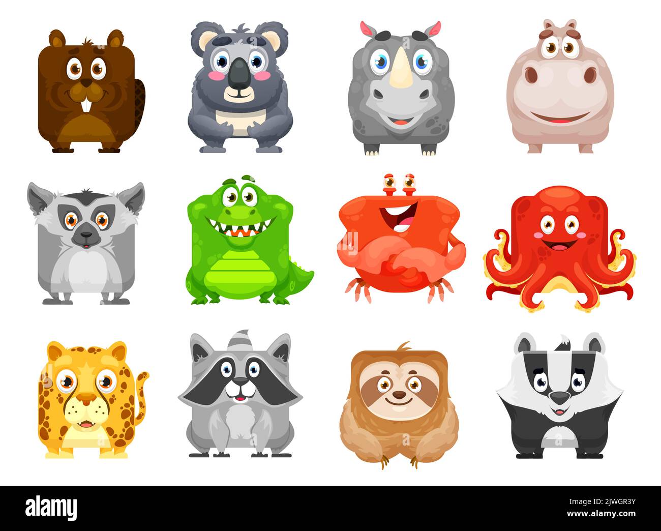 Cartoon kawaii square animal faces. Isolated vector beaver, koala ...