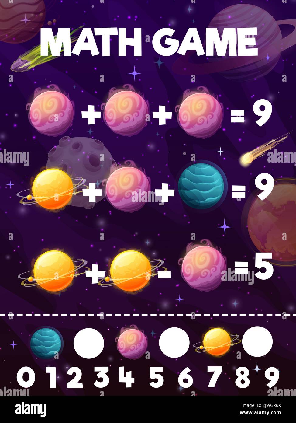 Math game worksheet. Cartoon galaxy space fantasy planets, stars and ...