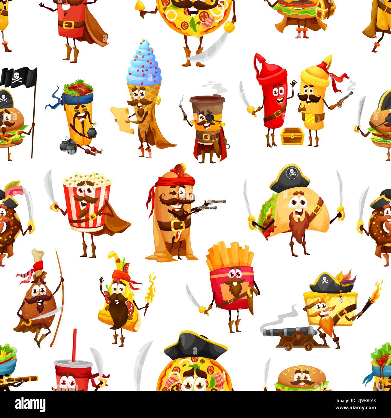 Cartoon takeaway fast food pirates and corsairs seamless pattern ...