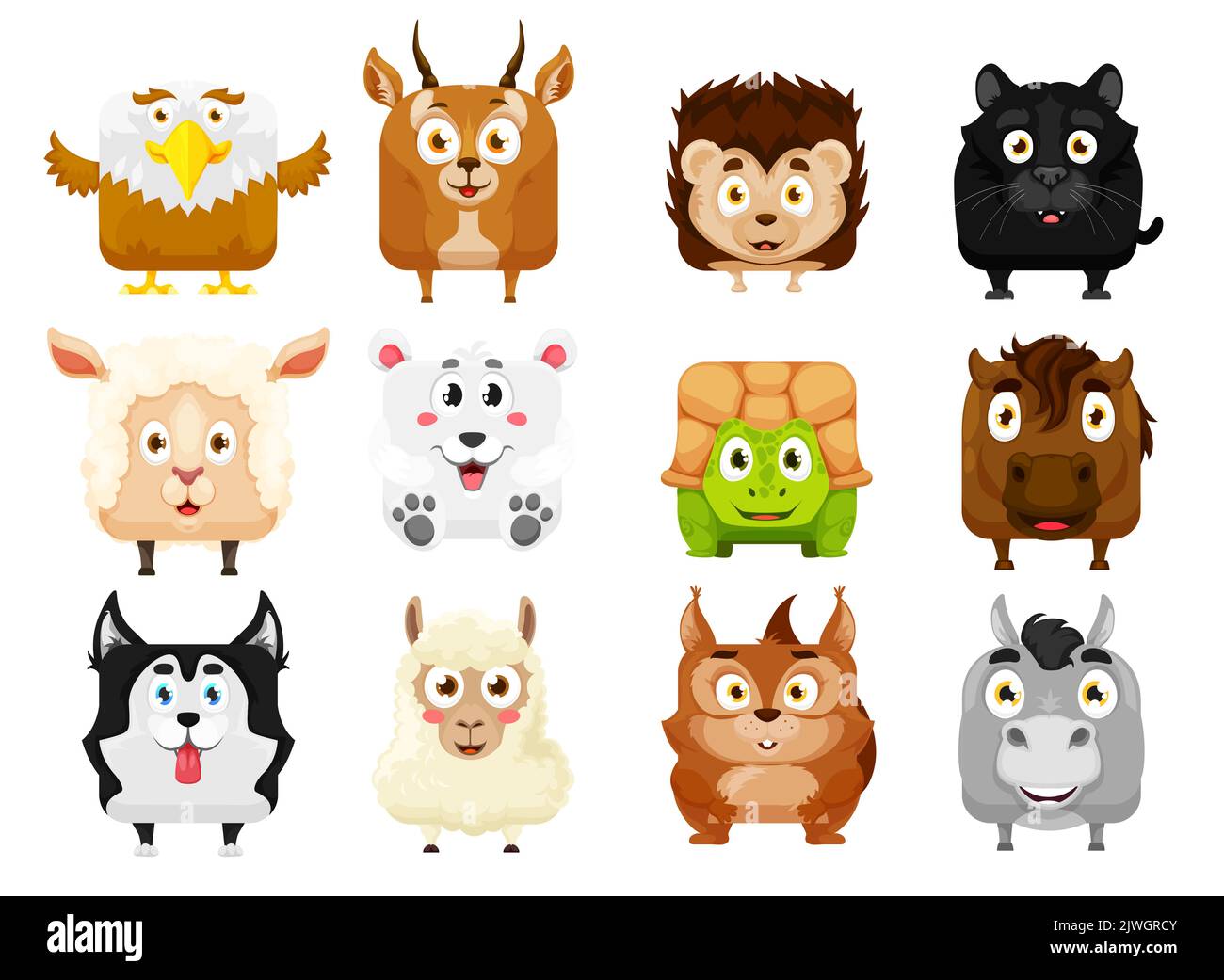 Cartoon kawaii square animal faces. Isolated vector eagle, gazelle ...