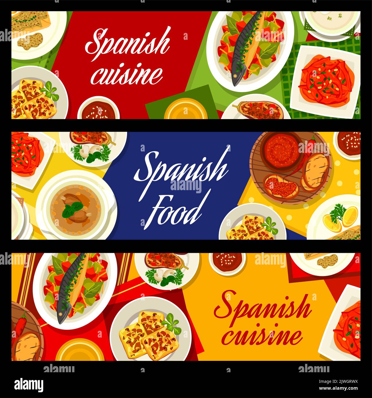 Spanish cuisine restaurant banners with meals. Garlic Sopa de Ajo and ...