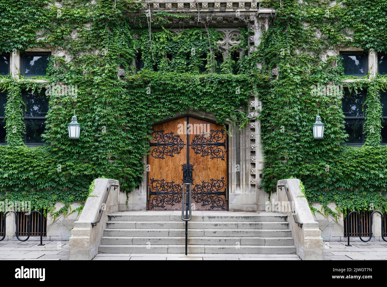 Entrance to gothic style old stone college building covered in ivy ...