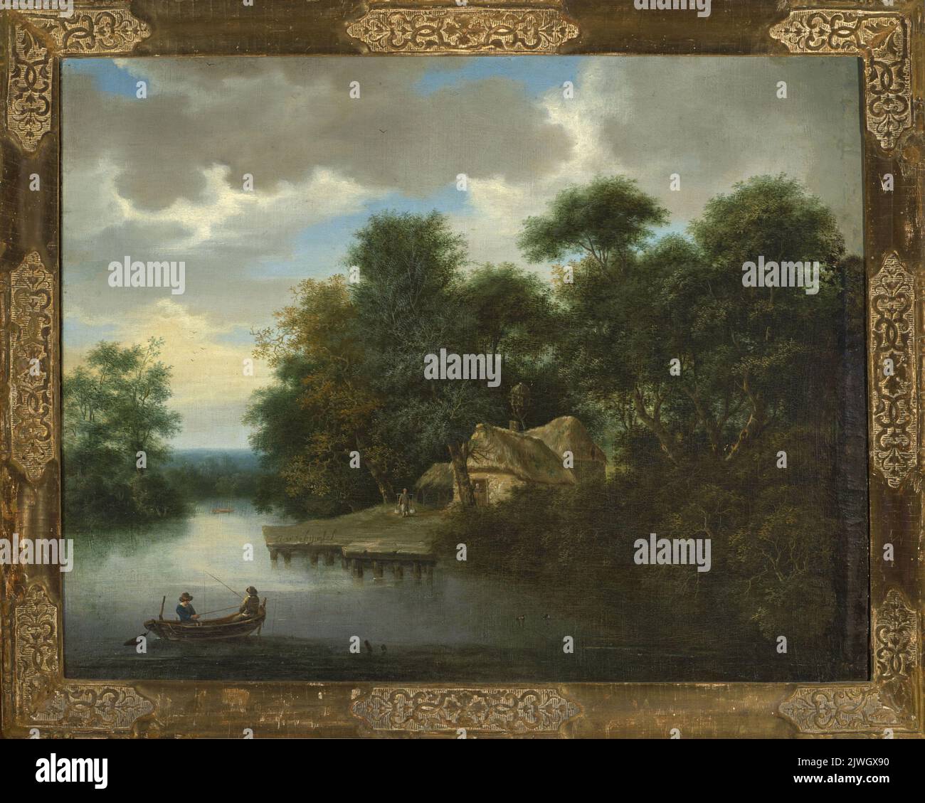 A River Landscape with a Farmhouse among Trees and Two Anglers in a ...