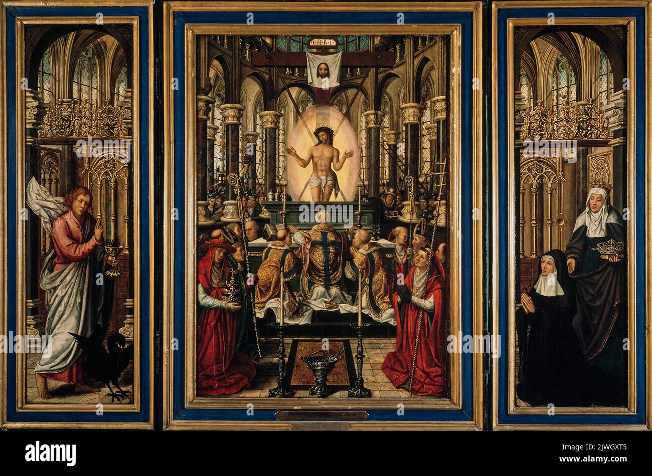 Triptych of the Mass of St. Gregory; left wing: St. John the Evangelist; right wing: St ...