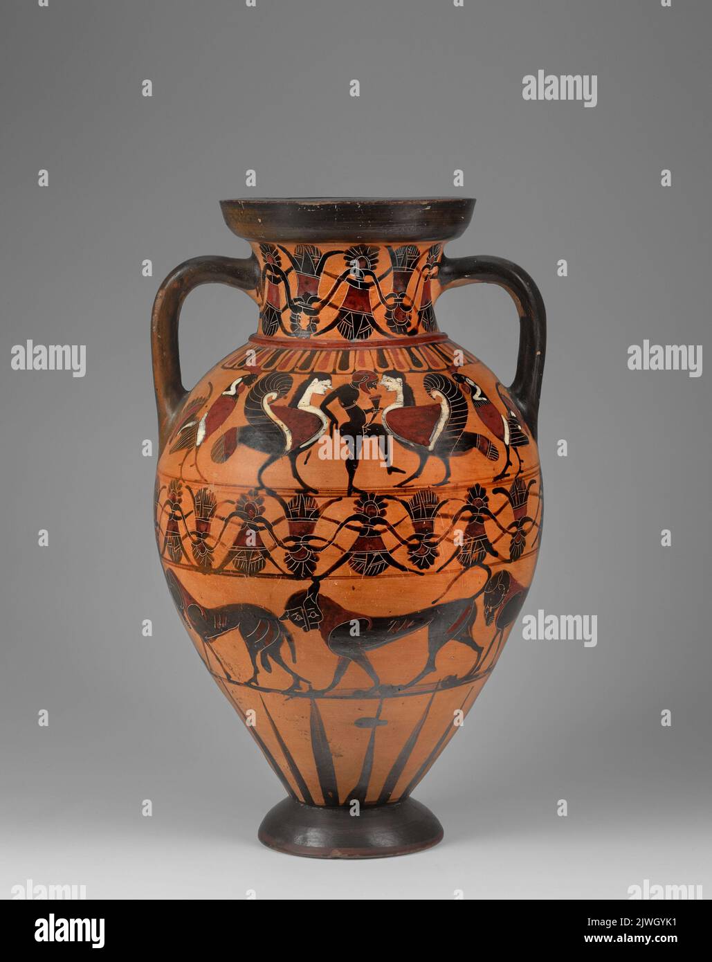 Amfora tyrreńska z dekoracją pasową – komaści tańczący z kobietami ...