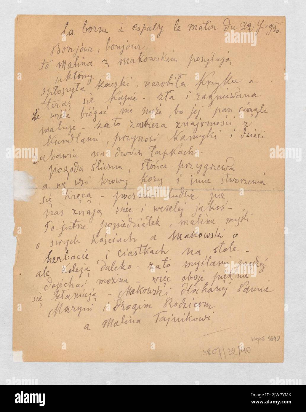 Letter to Maria Mickiewiczówna with a drawing [self-portrait of the ...