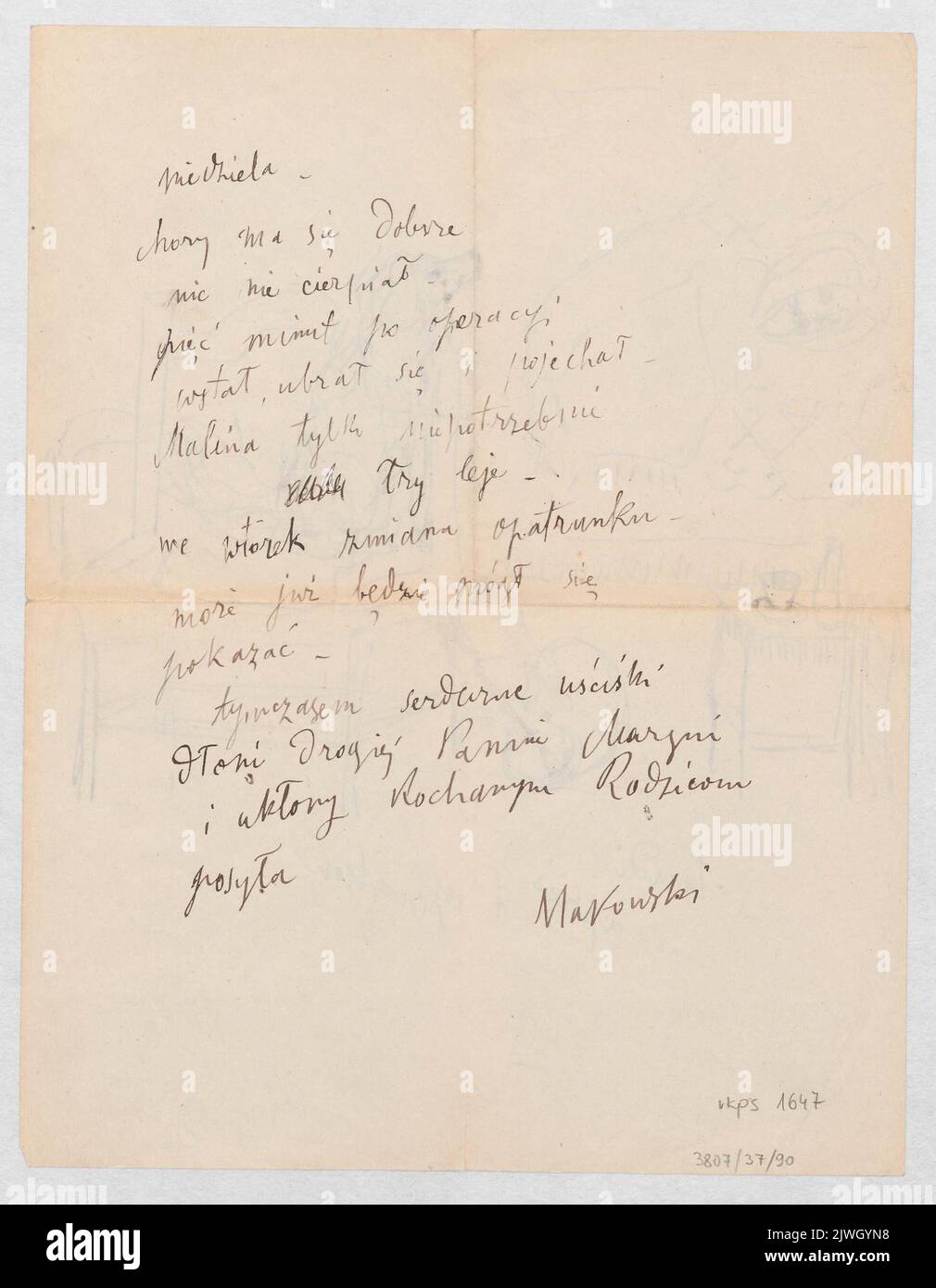 Letter to Maria Mickiewiczówna with the drawing `lundi apres l ...