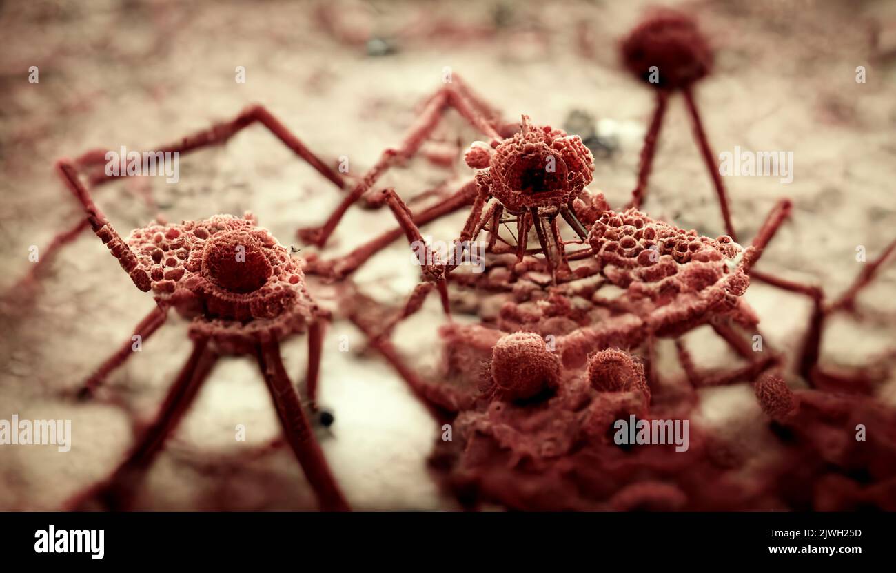 A 3D up-close illustration of red virus structures on light background ...