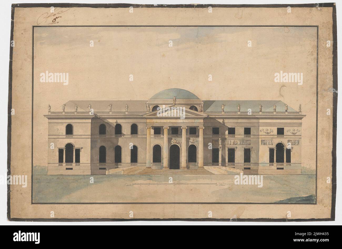 Palace with a four-column portico and Serlian windows in side avant ...