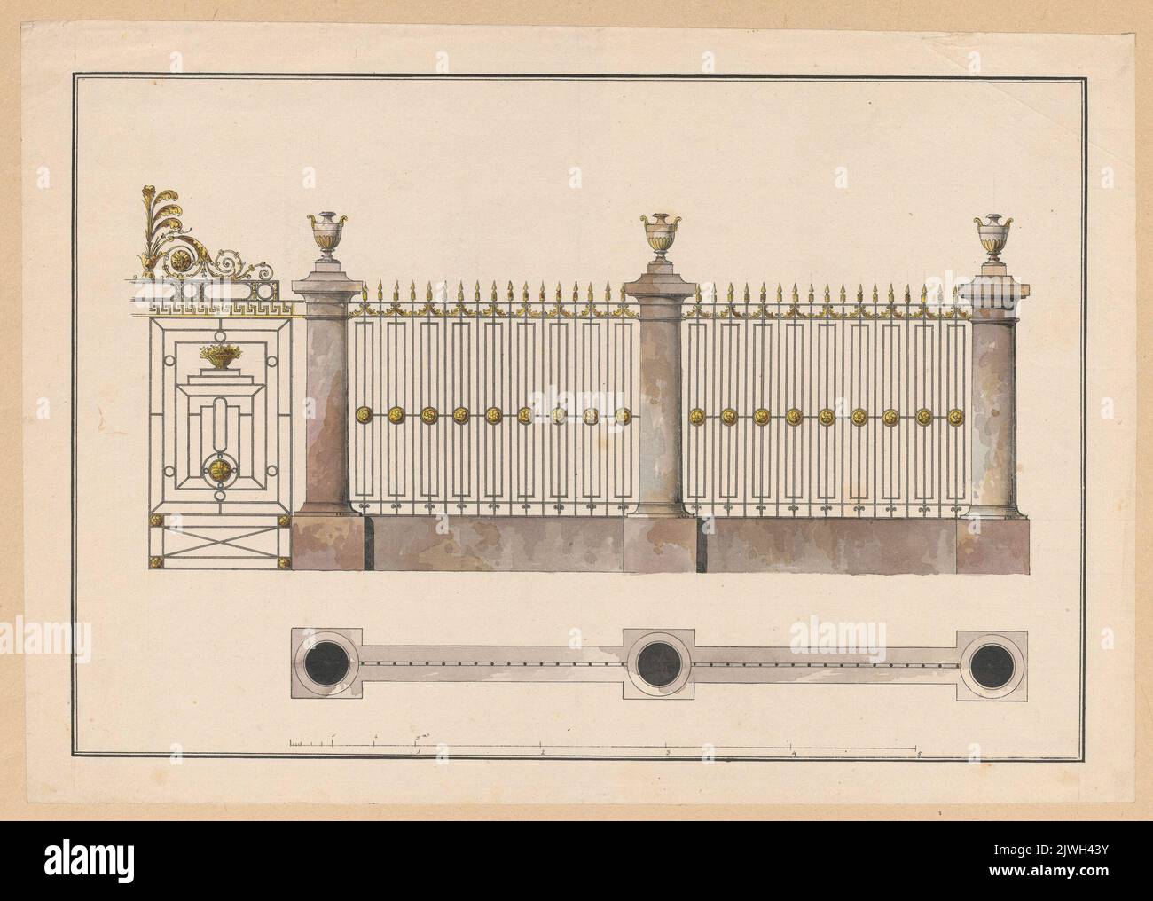 Petersburg. Letni Sad. Projekt ogrodzenia oraz skrzydła bramy. Widok ...