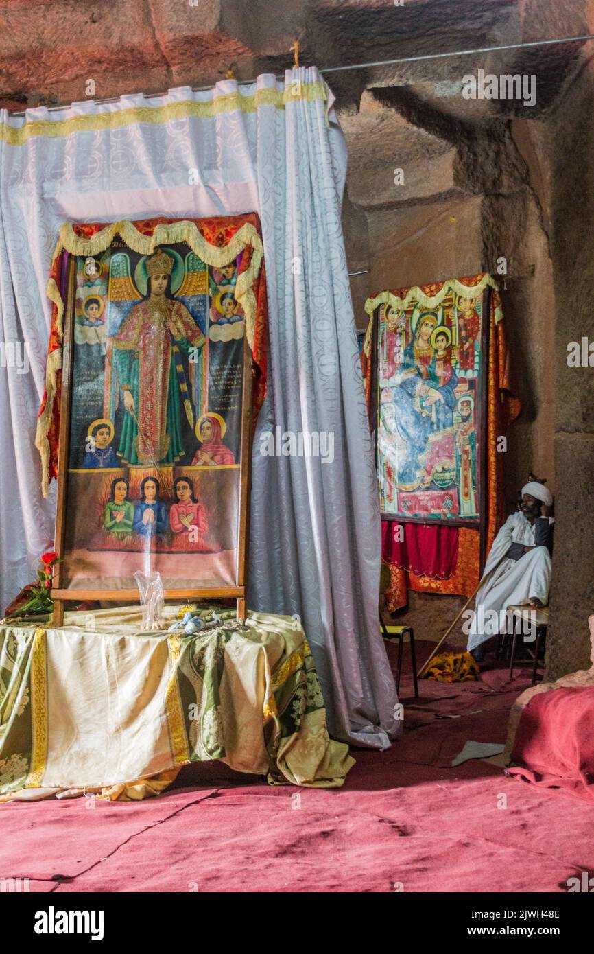 LALIBELA, ETHIOPIA - MARCH 29, 2019: Interor of Bet Gabriel-Rufael ...