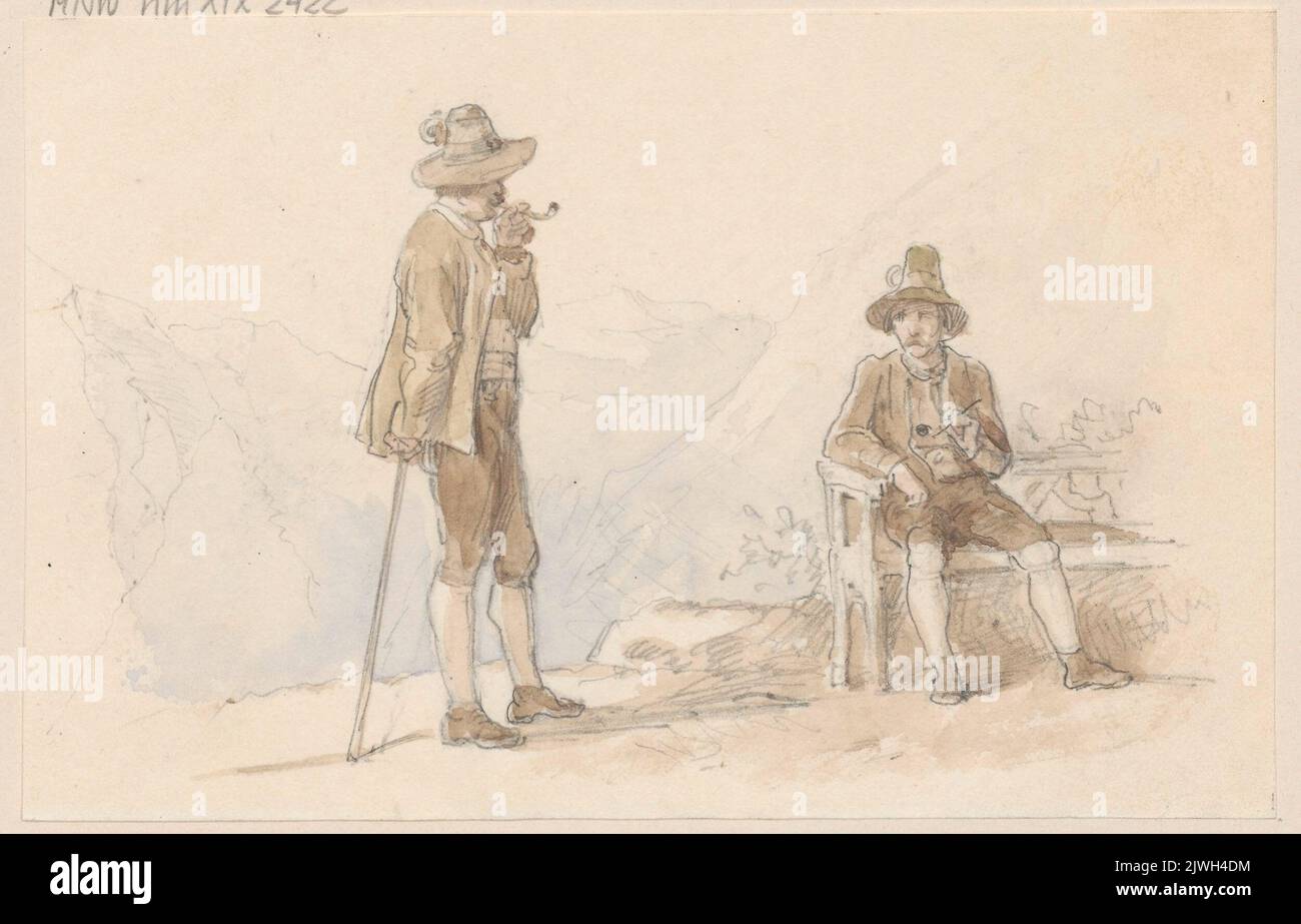Two men smoking pipes against the background of an Alpine landscape ...