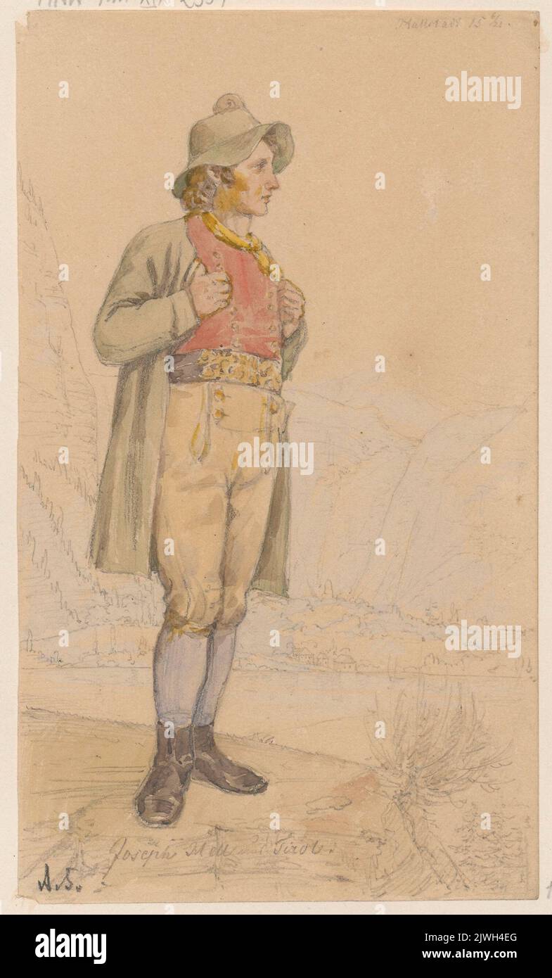 Young man (Joseph Mell) in a Tyrolean costume against the background of an Alpine landscape ...