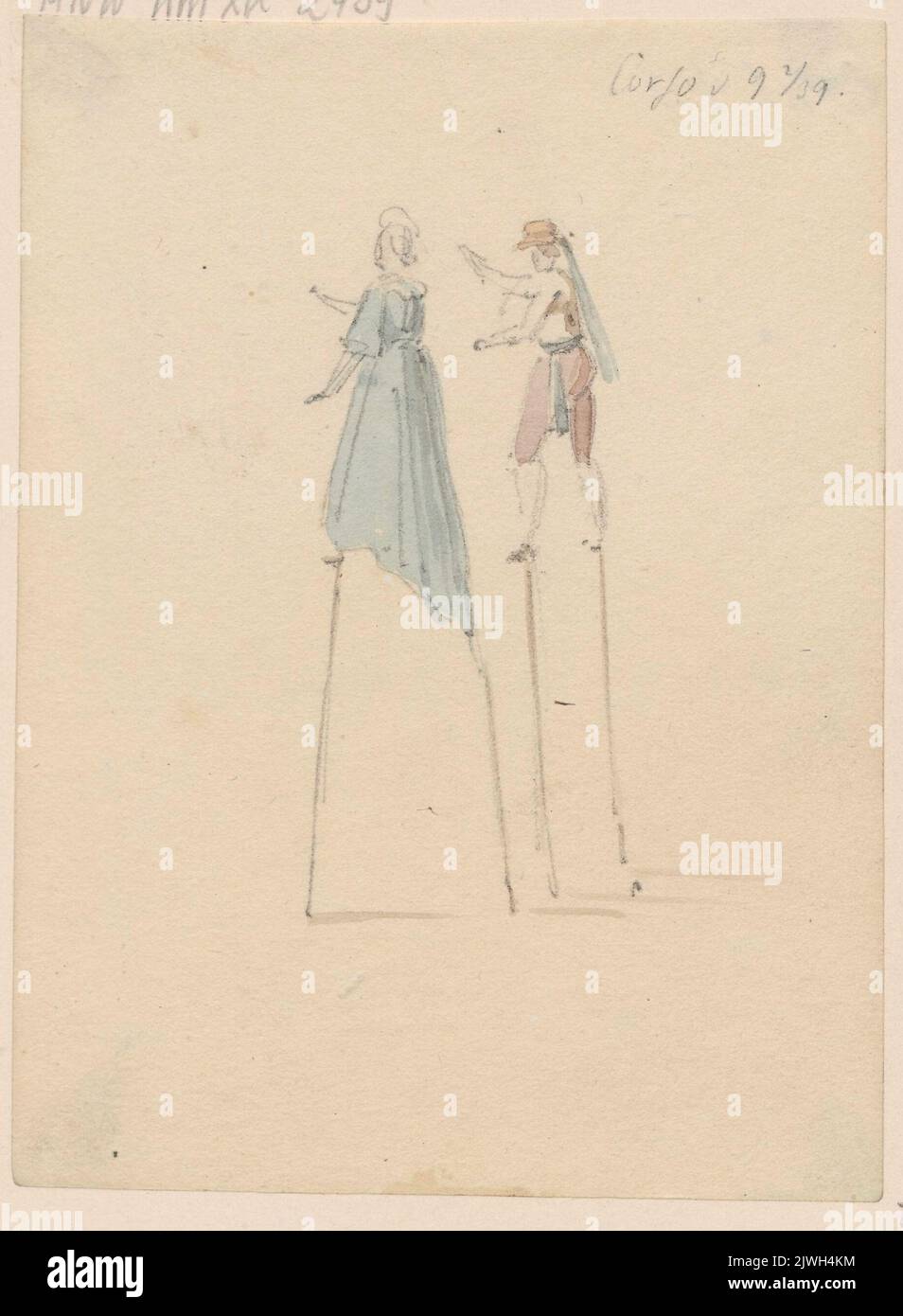 Woman and man walking on stilts on Via del Corso in Rome. Schadow ...