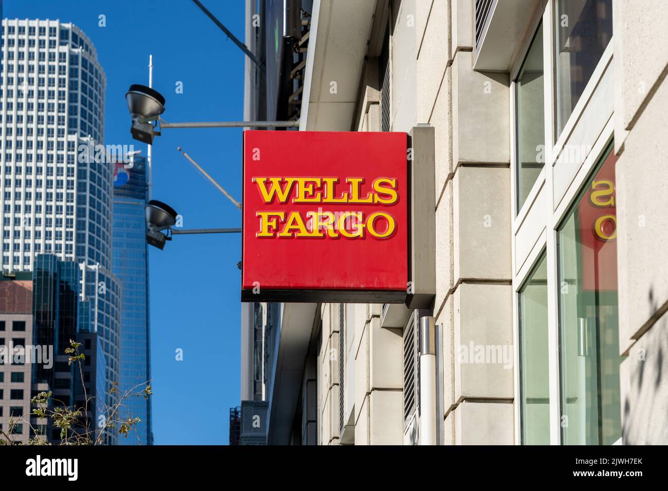 A Wells Fargo hanging sign on the building in Los Angeles, CA, USA ...