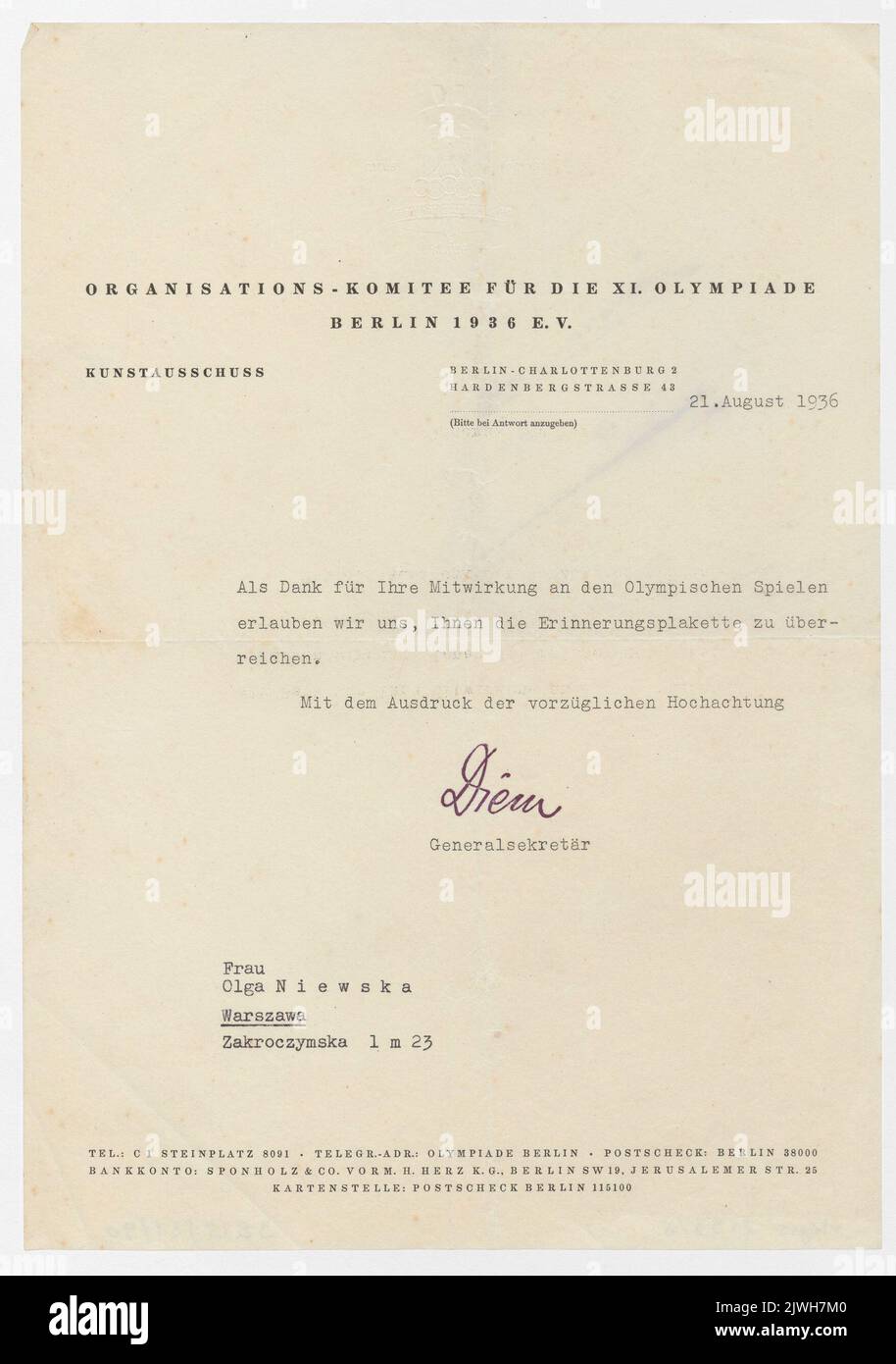 Letter addressed to Olga Niewska from the organisational committee of ...