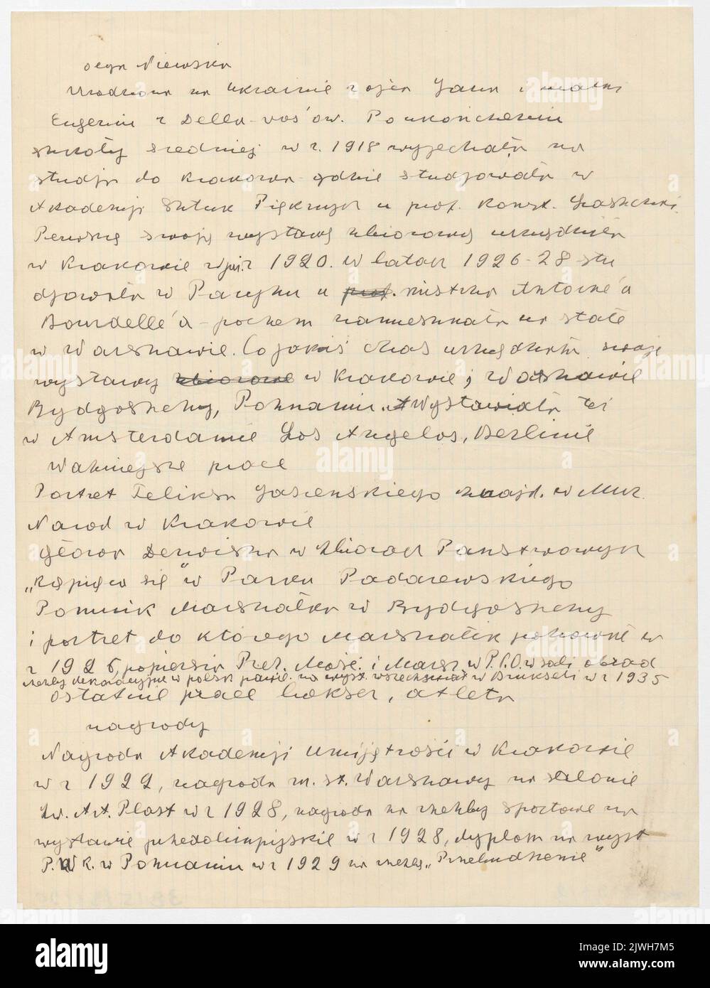 Artist’s resume written by hand.. Niewska, Olga (1898-1943), sculptress ...