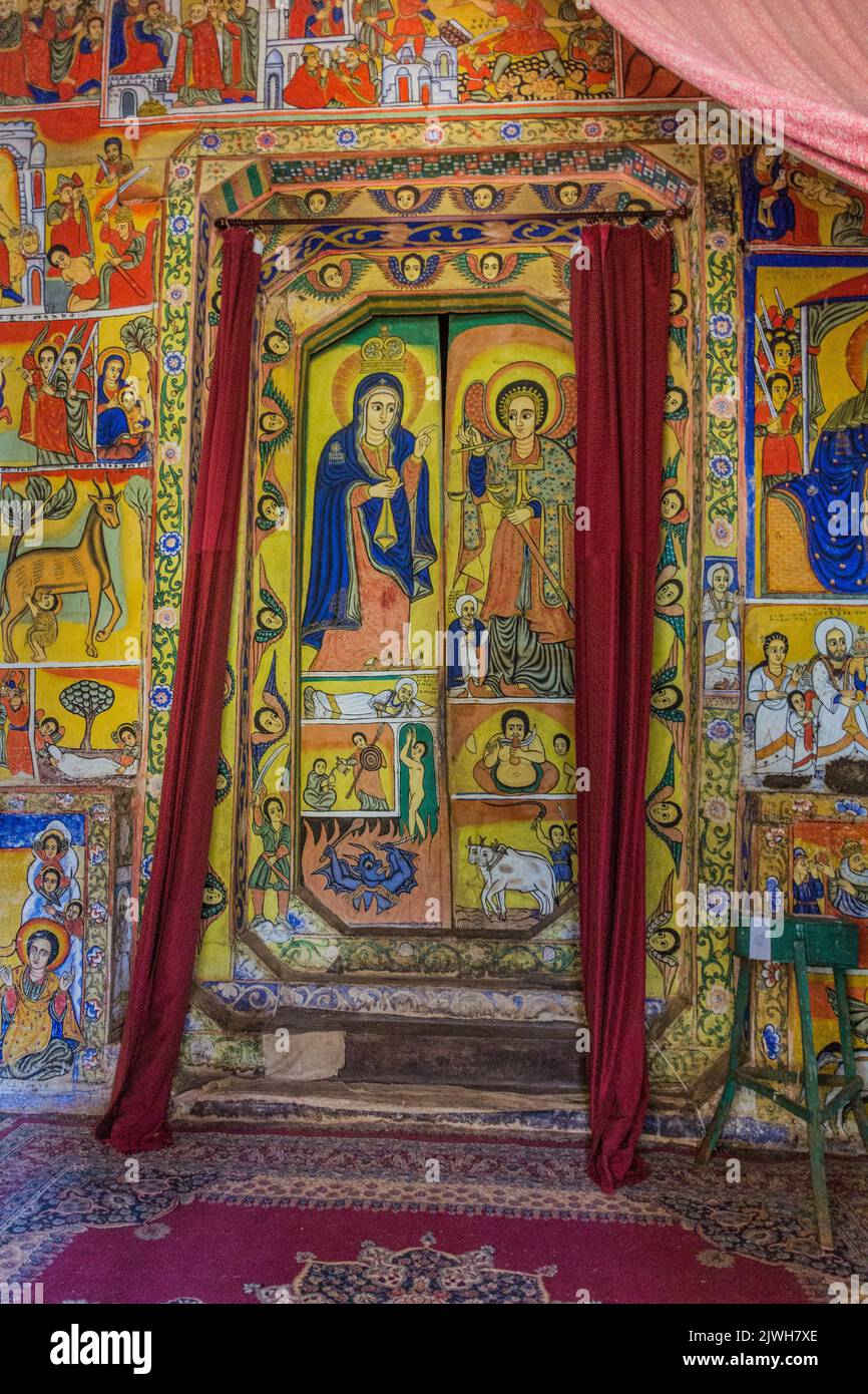 TANA, ETHIOPIA - APRIL 1, 2019: Colorful paintings in Ura Kidane Meret ...