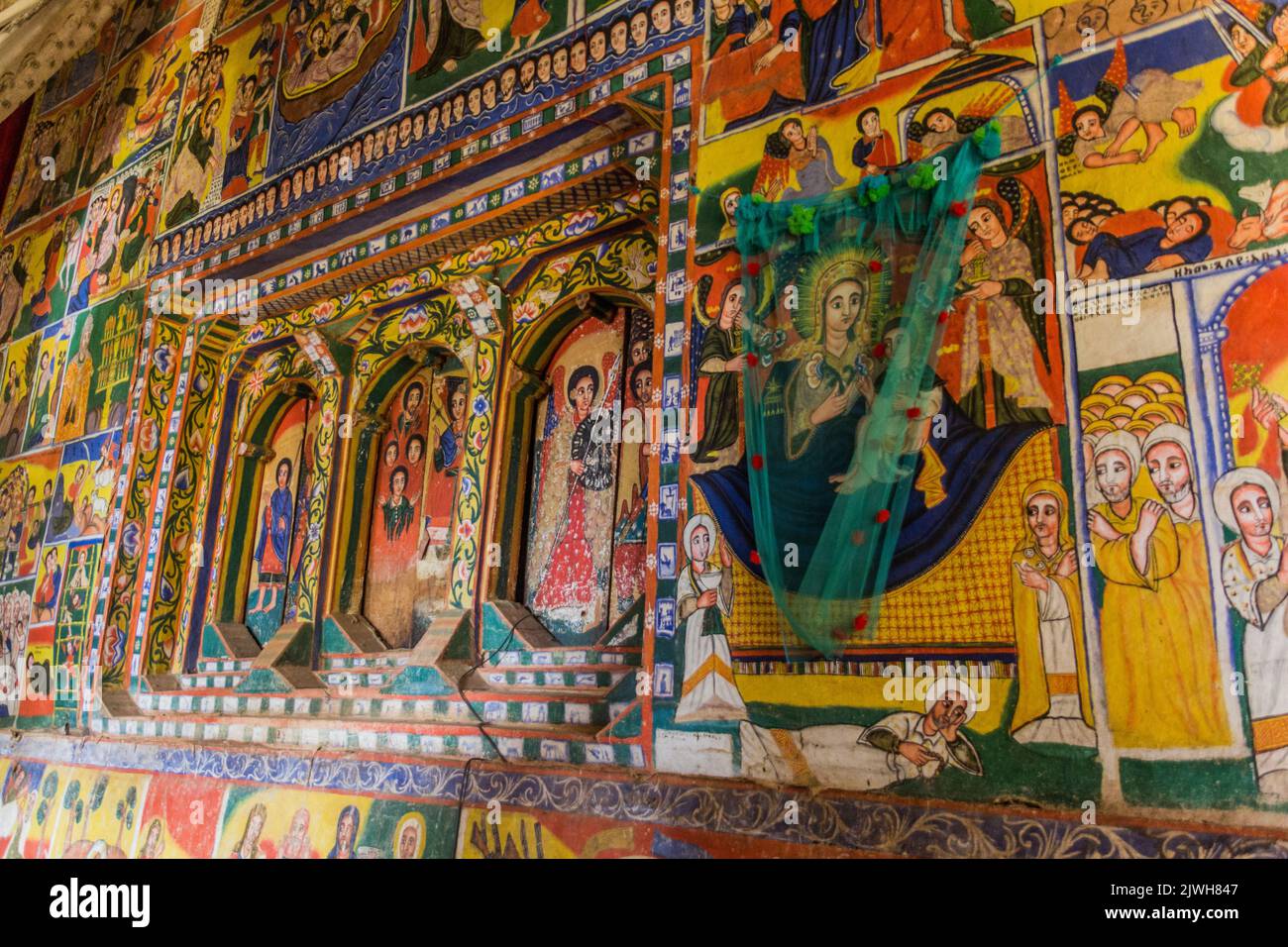 TANA, ETHIOPIA - APRIL 1, 2019: Colorful paintings in Ura Kidane Meret ...