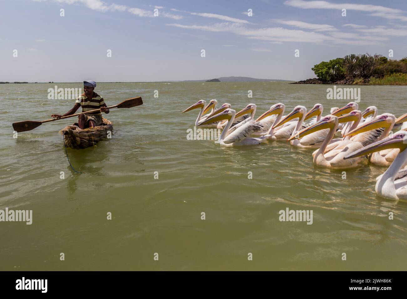 TANA, ETHIOPIA - APRIL 1, 2019: Local fisherman on a small boat and ...
