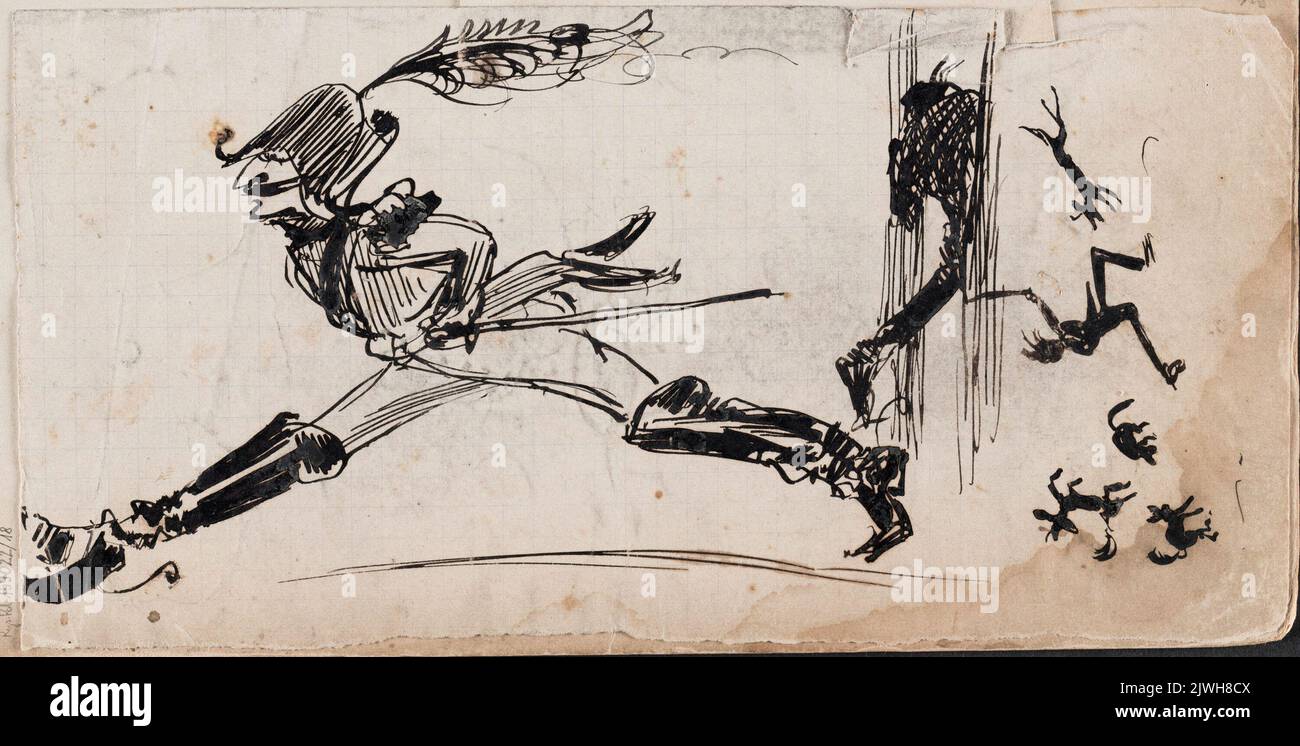 Caricature of Napoleonian soldier; next to it: Man lying and Man ...