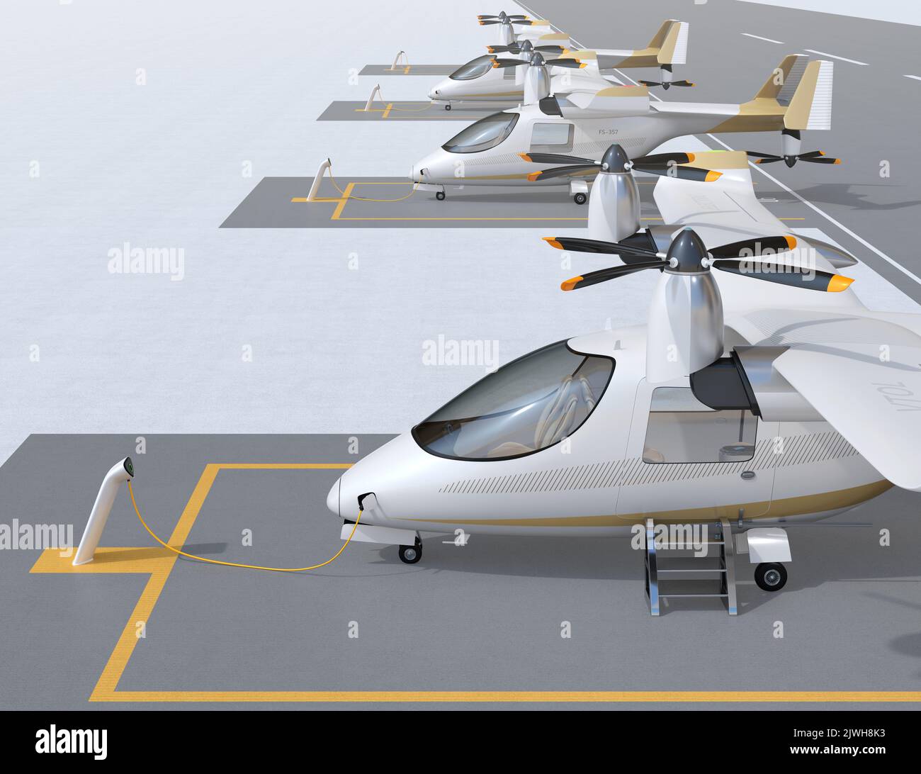Electric VTOL passenger aircrafts charging on the station. Airport ...