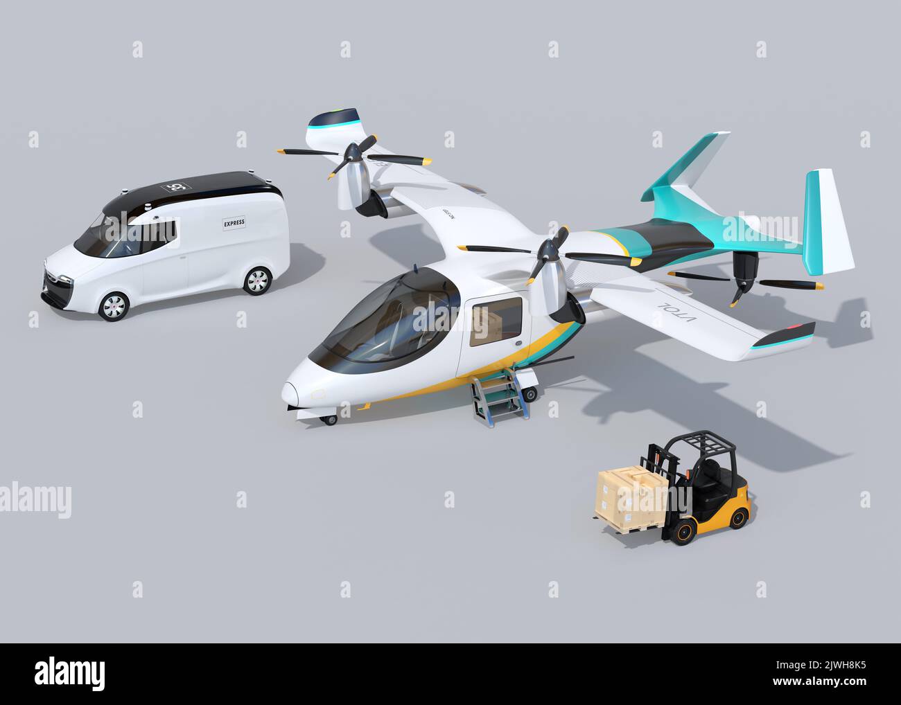 Electric VTOL cargo delivery aircraft , van and forklift on gray background. Smart logistics ...