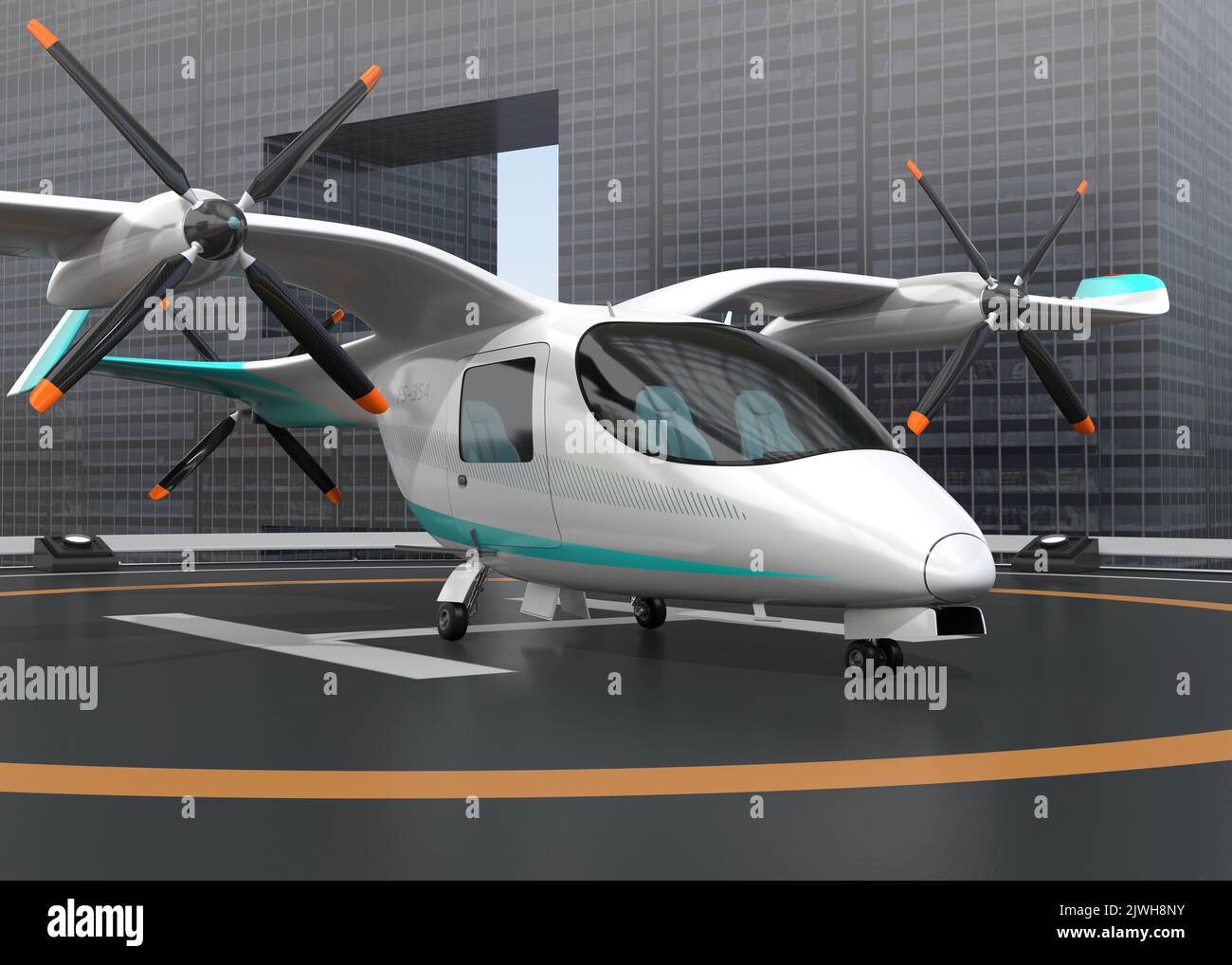 Electric VTOL passenger aircraft parking on the helipad. Urban ...