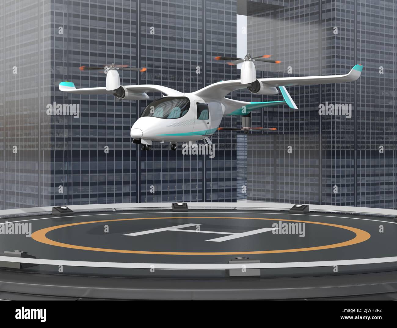 Electric VTOL passenger aircraft taking off from helipad. Urban ...