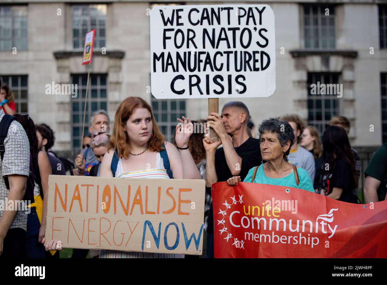 Protesters from "Don't Pay UK" (DPUK) initiative seen holding placards ...