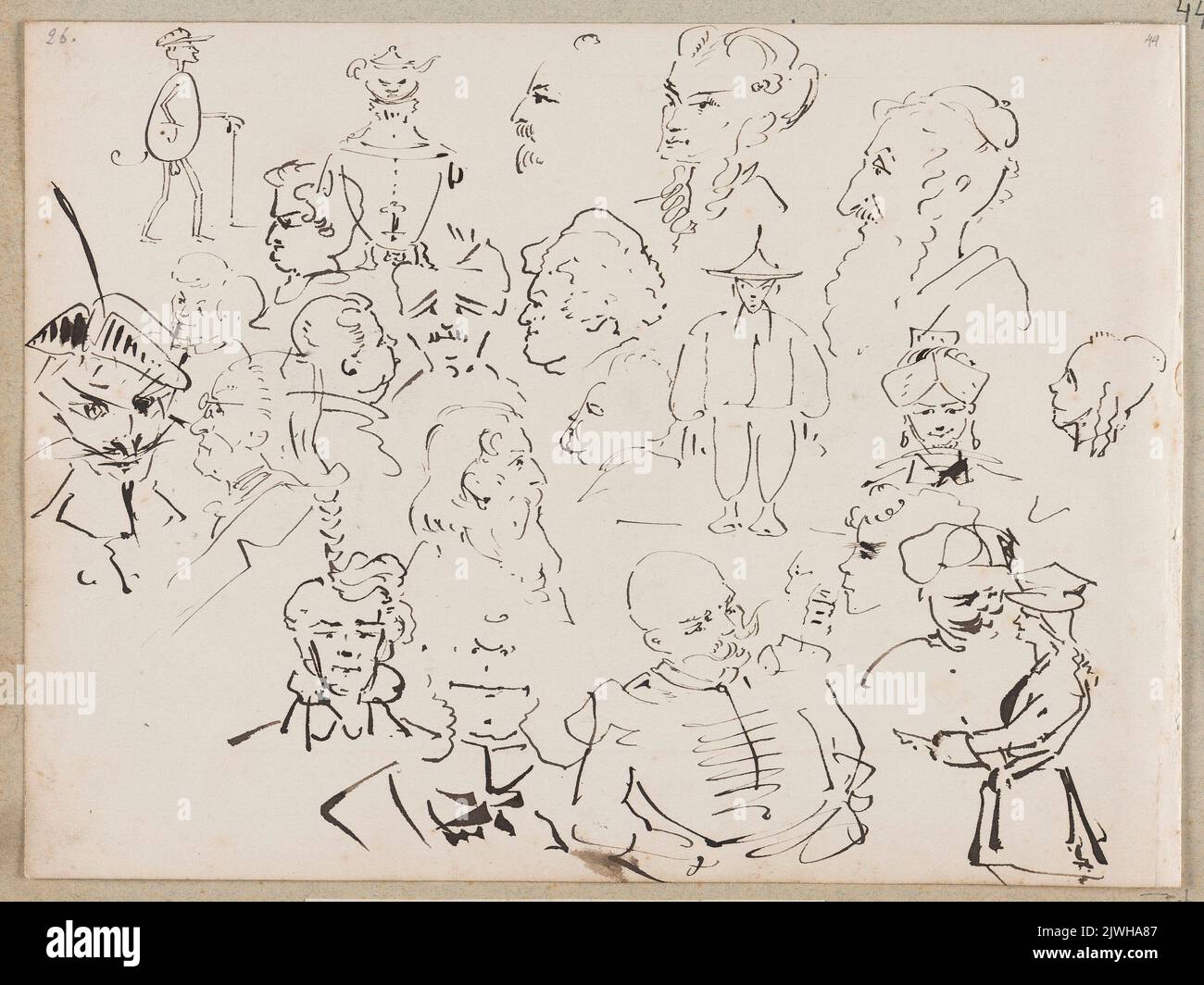 Sketches of types and caricatures; verso Hohen-Aschau castle in Bavaria ...