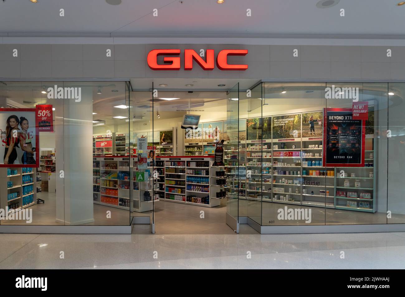 Los Angeles, California, USA - July 7, 2022: A GNC store at Beverly Center mall in Los Angeles ...