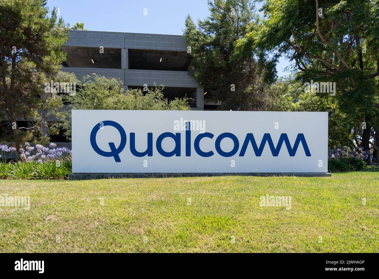 Close up of the Qualcomm ground sign at its headquarters in San Diego ...