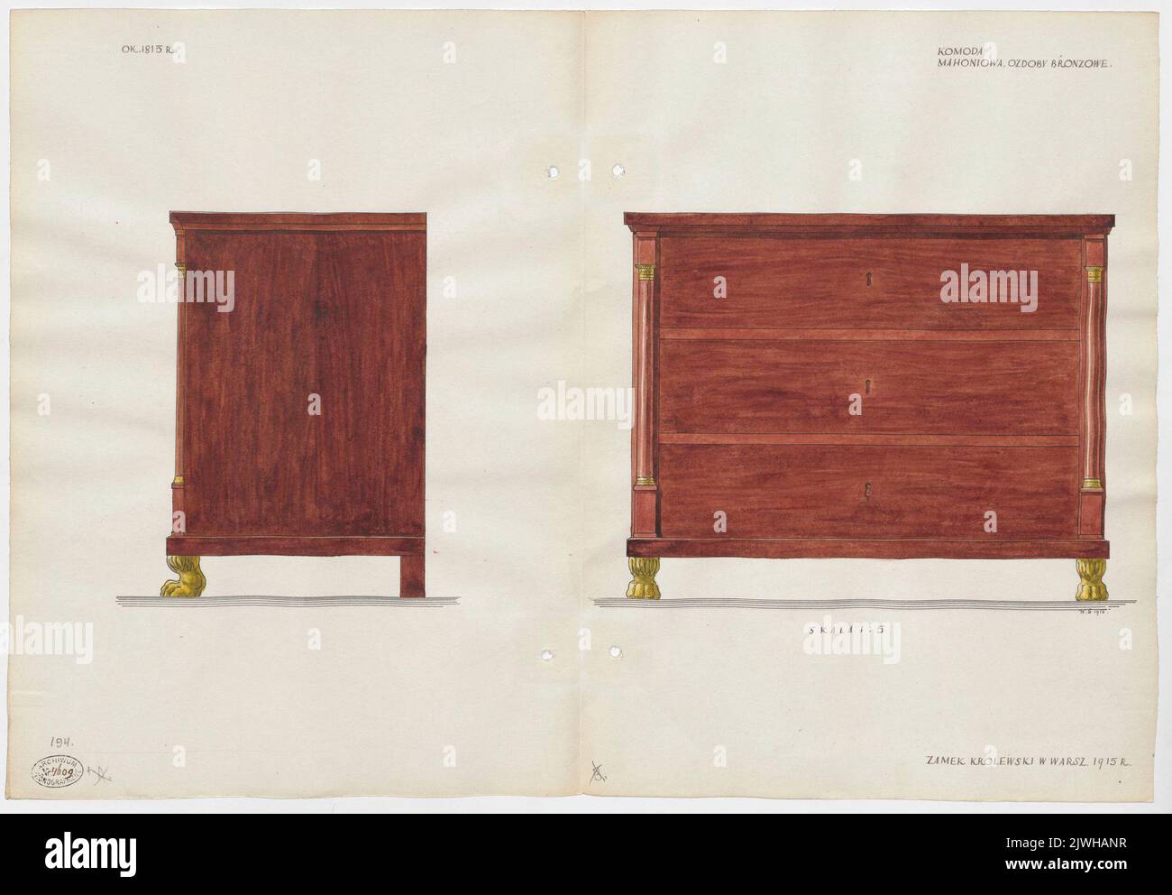 Warsaw. Mahagony chest of drawers from the equipment of the Royal ...