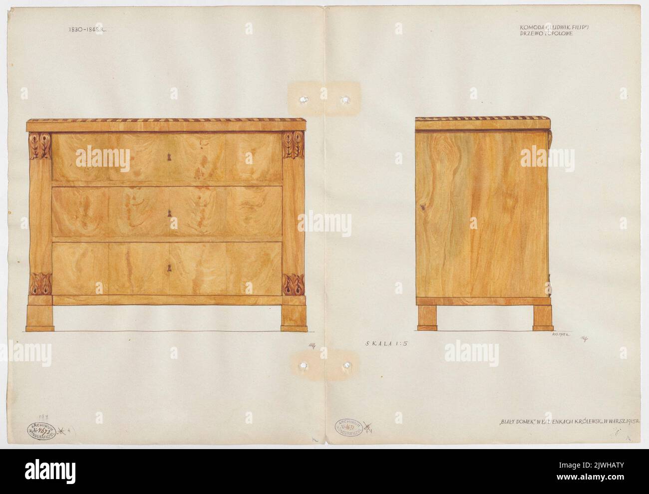 Warsaw. Poplar wood chest of drawers (`Louis Philippe`), from the ...