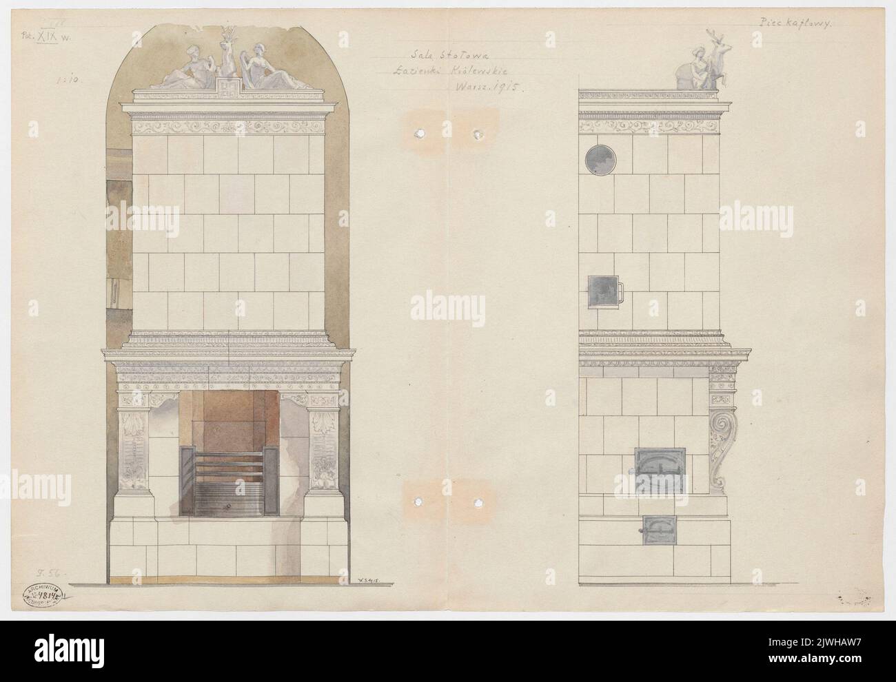 Warsaw. Tiled stove in the Dining Room in the Palace on the Isle in the ...