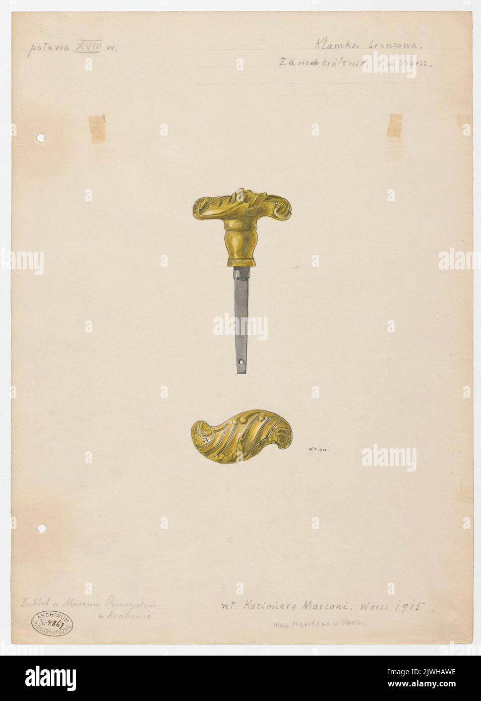 Warsaw. Bronze door knob from the Royal Castle - front and side views ...