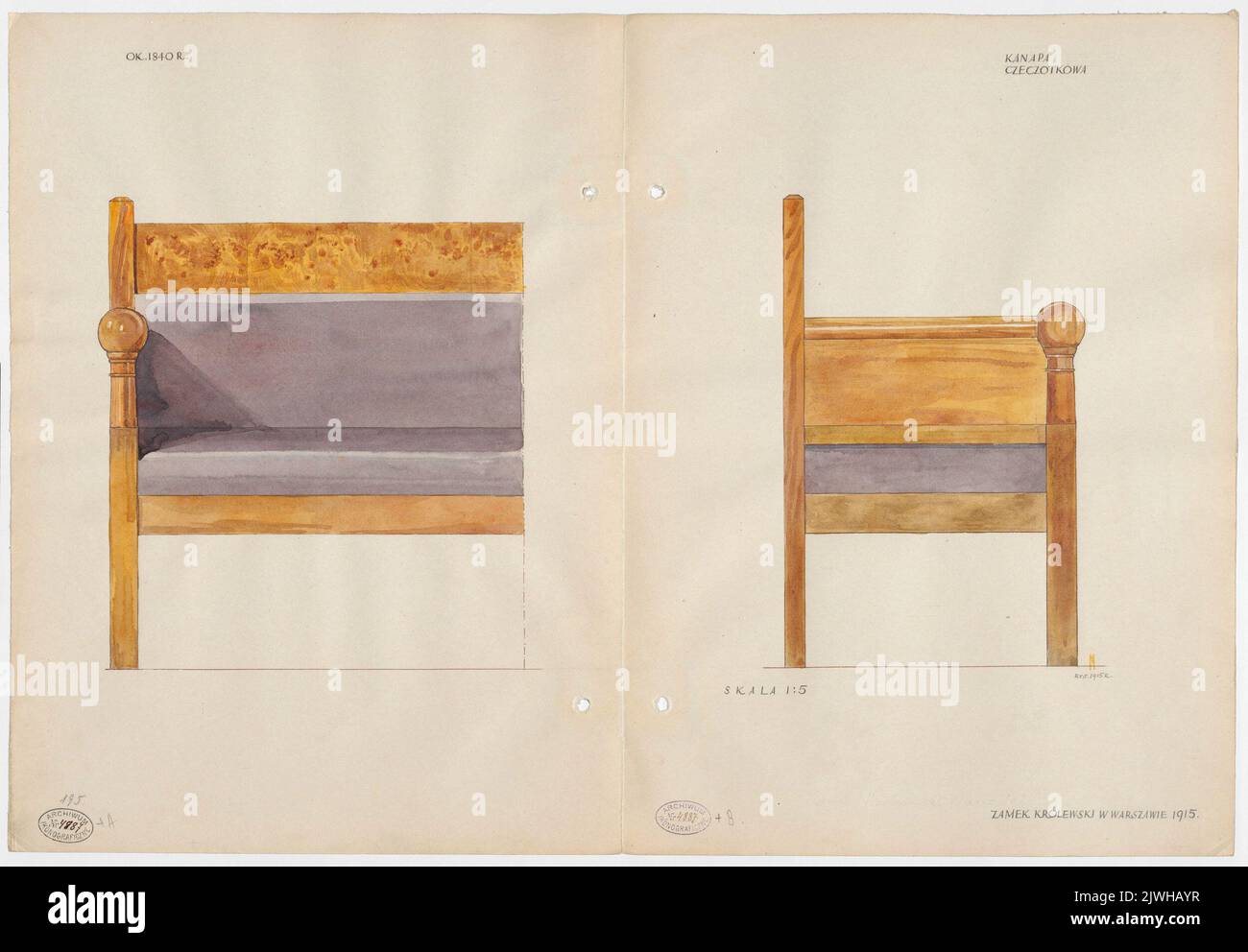 Warsaw. Burled wood couch from the equipment of the Royal Castle ...