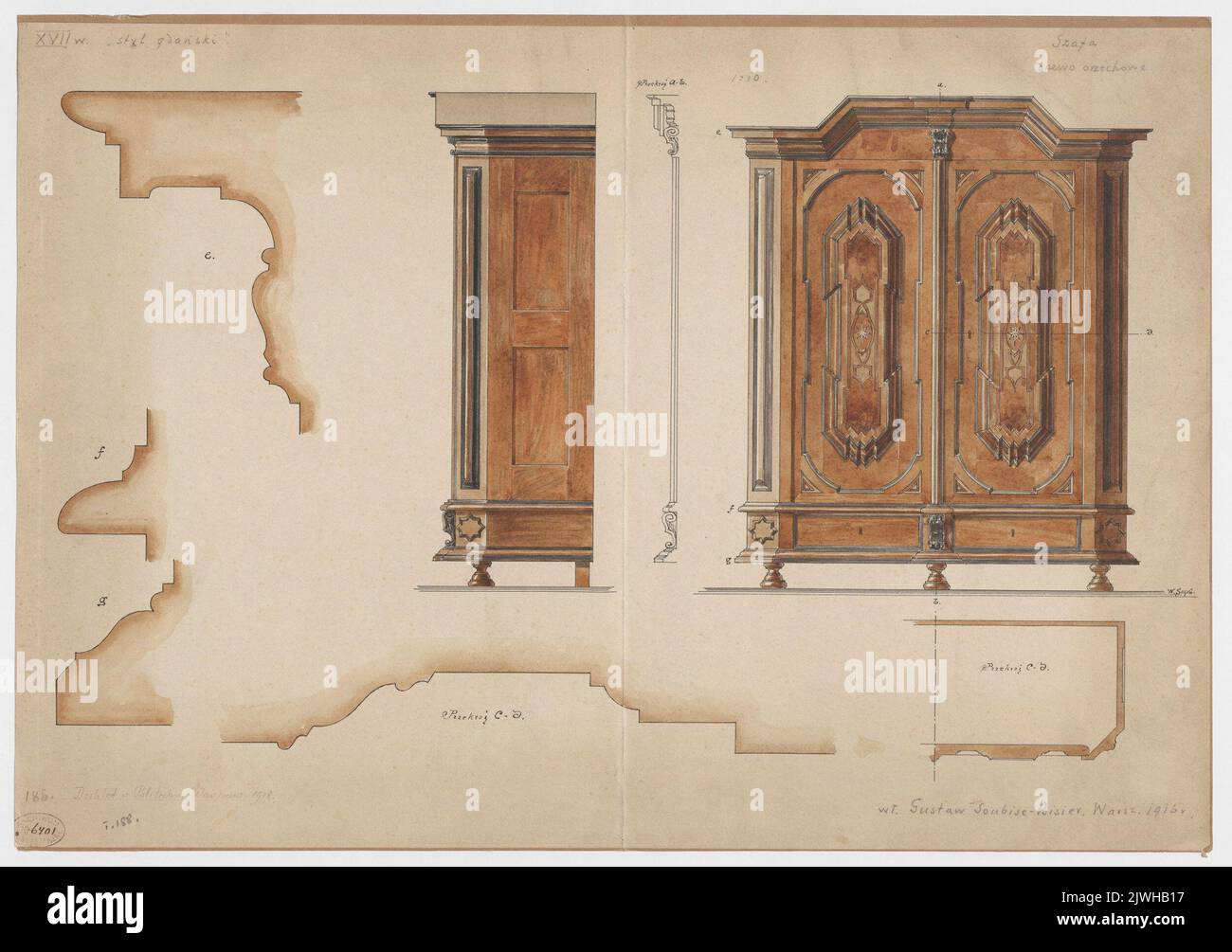 Nut wood wardrobe - front view, side view, cross section and profiles ...