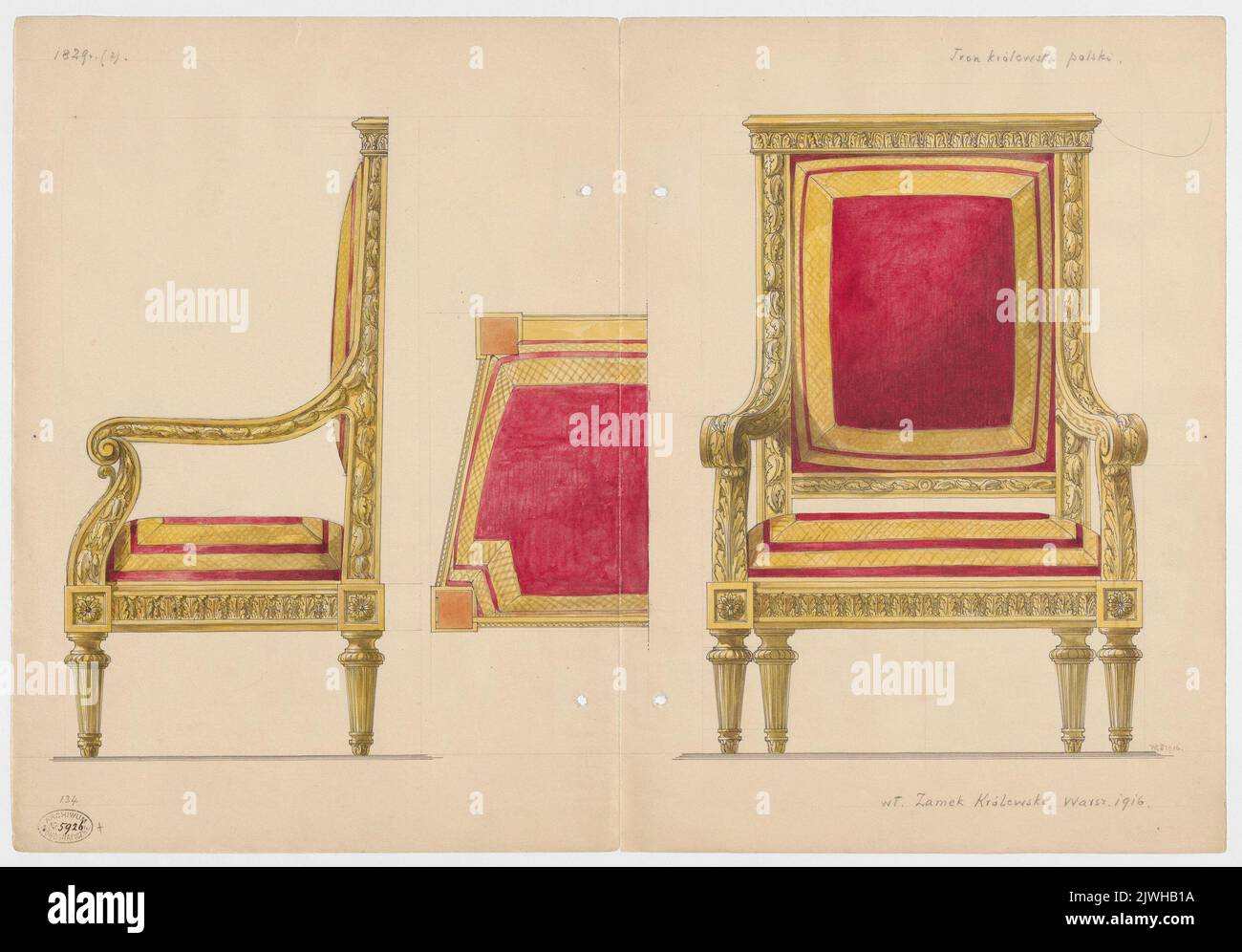 Warsaw. Throne chair from the Royal Castle – side and front views and ...