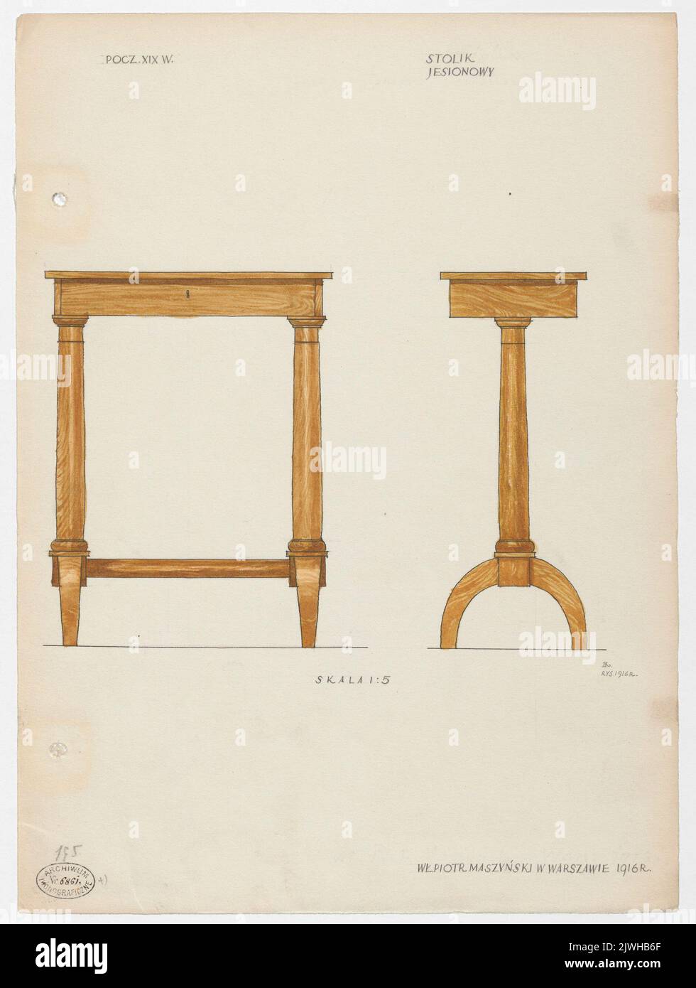 Small ash wood table – front and side view in the scale of 1:5, from ...