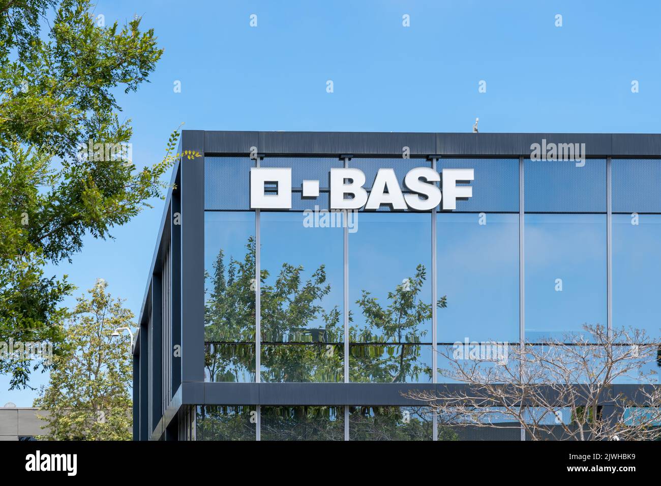 San Diego, CA, USA - July 9, 2022: Close up of BASF sign on its office ...