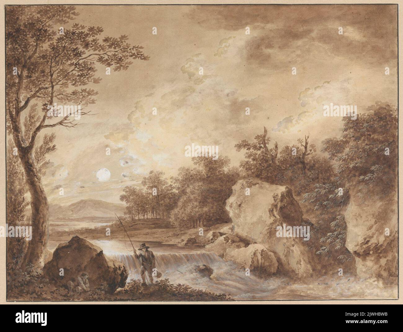 Evening landscape with an angler. Molitor, Martin von (1759-1812 ...