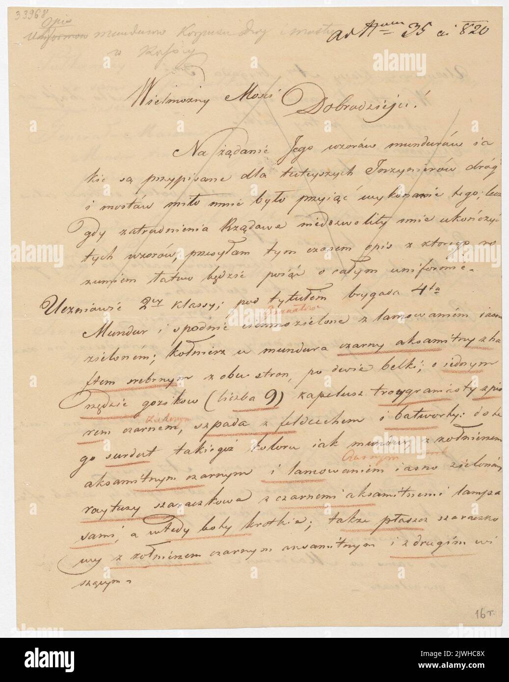 Letter with description of the uniform of the Corps of Road and Bridge ...